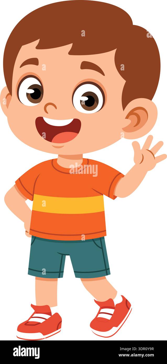 Happy Boy Waving Hand with Big Smile Flat Cartoon Character Stock ...