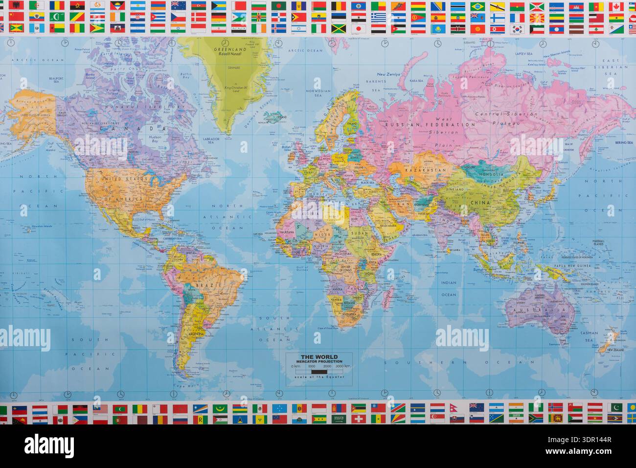 World Map Showing Countries, Capitals, and Flags in a Room Setting ...