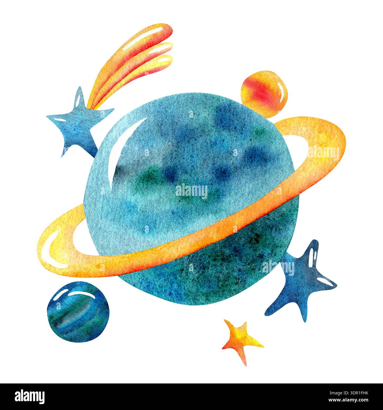 Colorful watercolor illustration of a planet with rings and stars ...