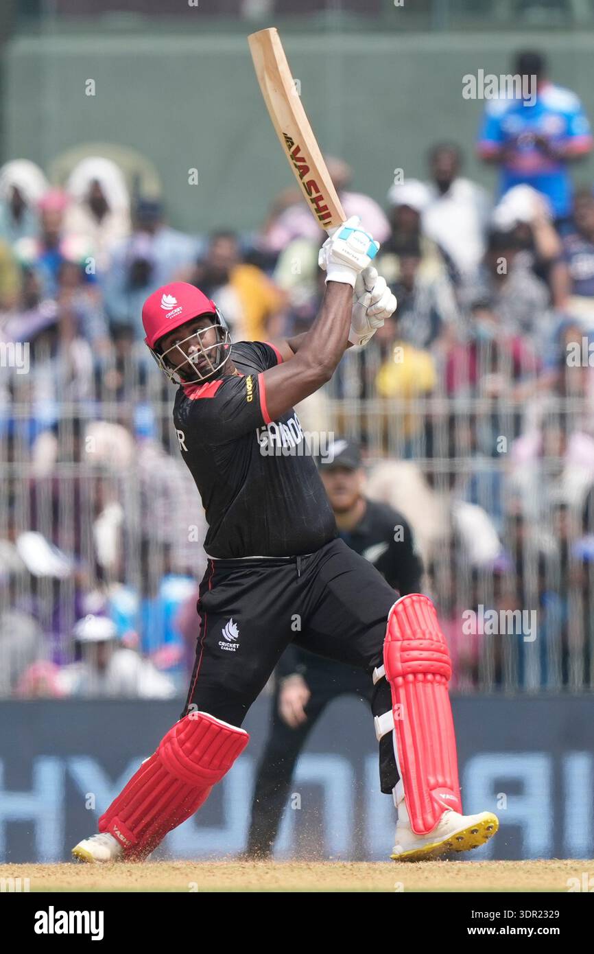 Canada's Dilon Heyliger plays a shot during the T20 World Cup cricket ...