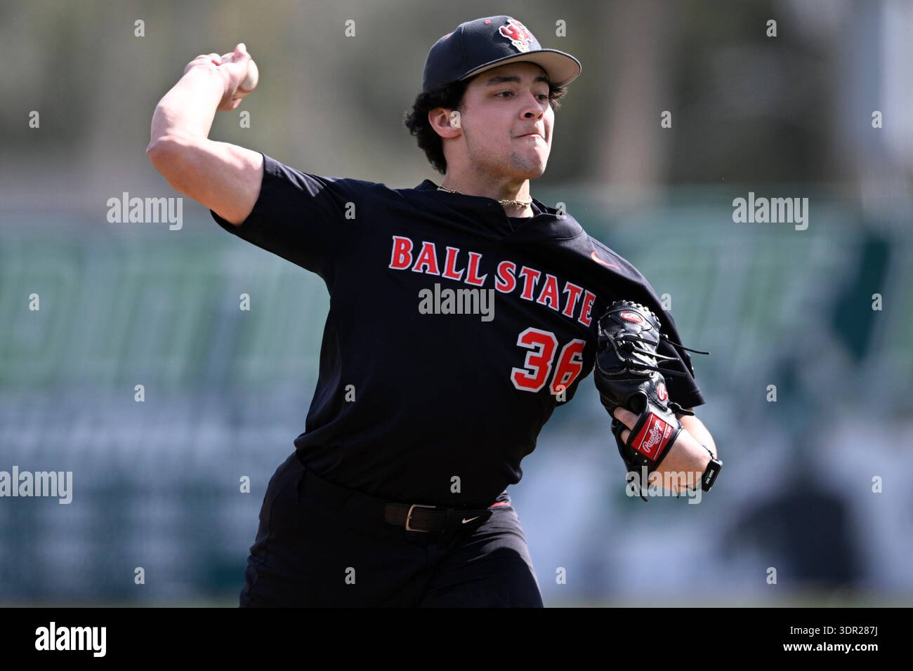 Ball State pitcher Brendan Garza (36) throws to home plate during an ...