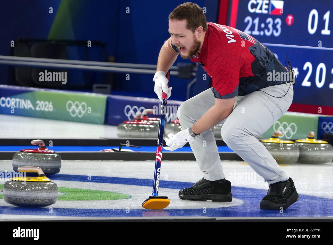 United States' Luc Violette in action during the men's curling round ...