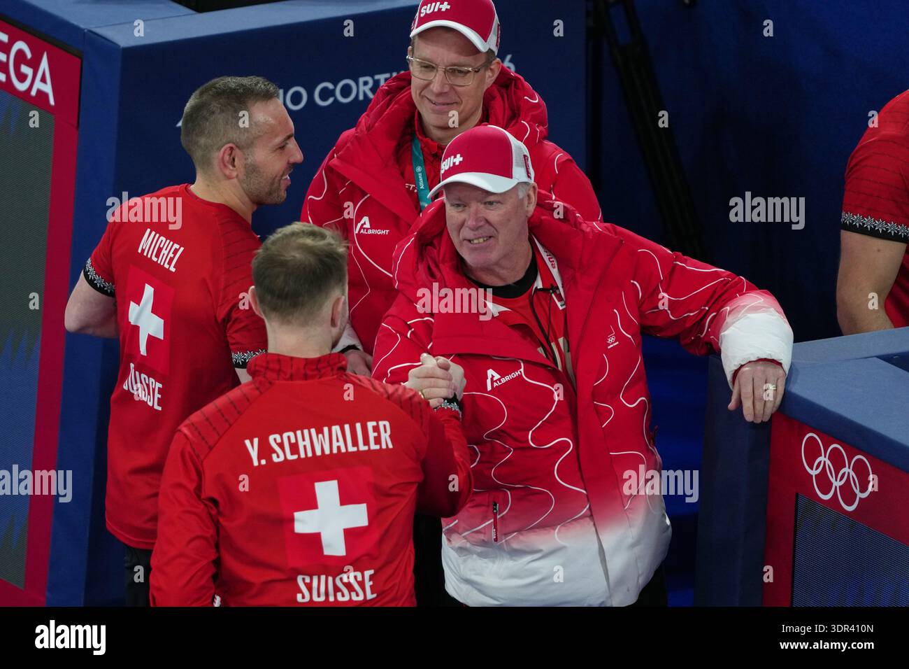 Switzerland's Yannick Schwaller and Sven Michel shake hands with their ...