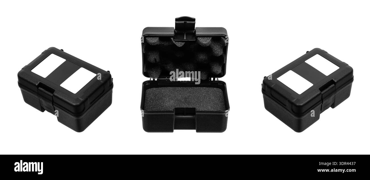 Three views of a small black hard-shell carrying case with foam ...
