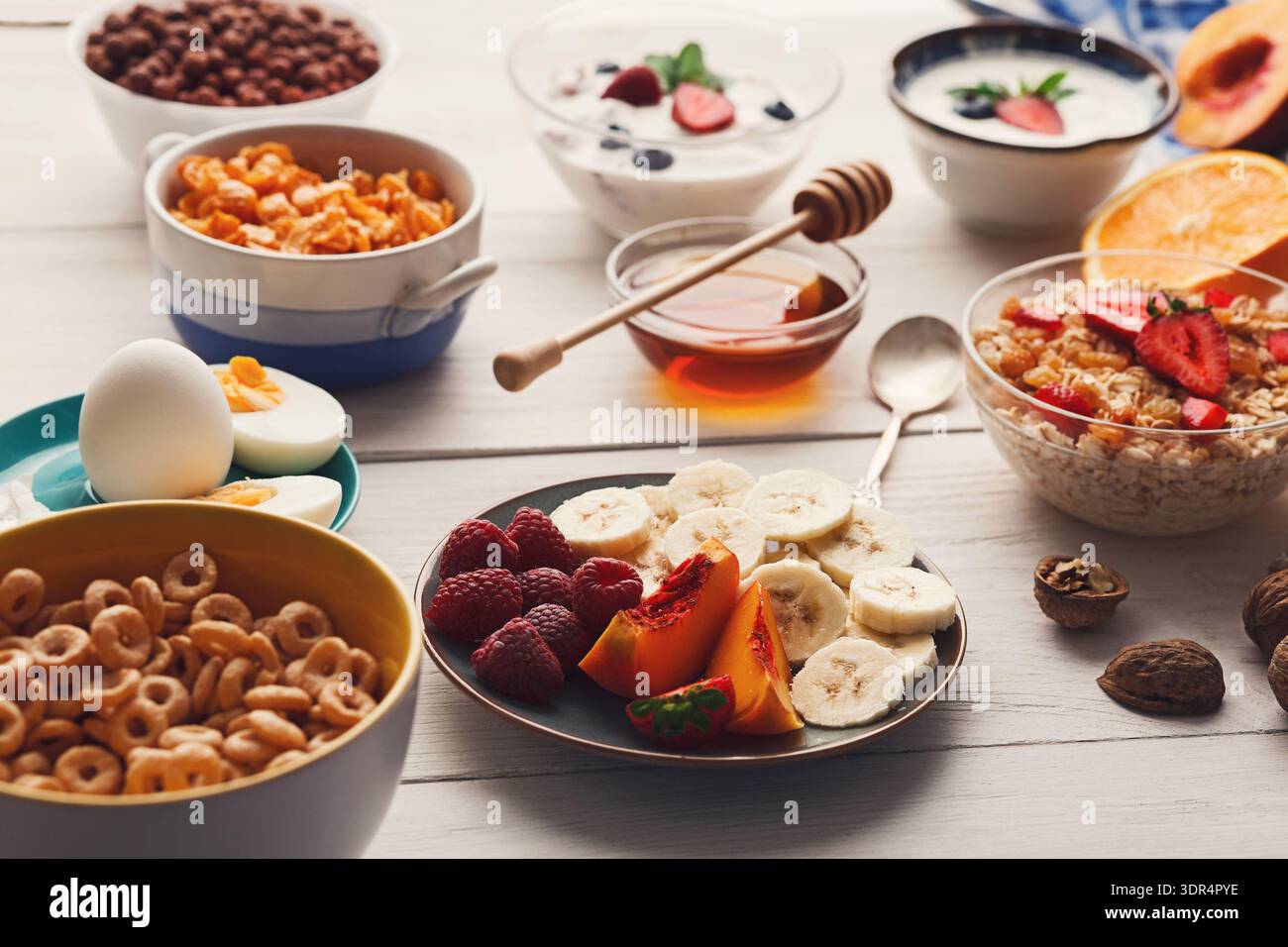 Breakfast spread eggs yogurt hi-res stock photography and images - Alamy