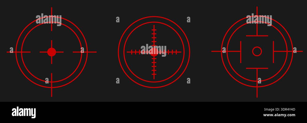 Set of circular red crosshair icons for aiming systems. Vector reticle ...