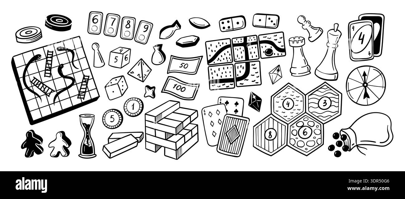 Board game doodle. Snakes ladders board, dice, dominoes, cards and ...