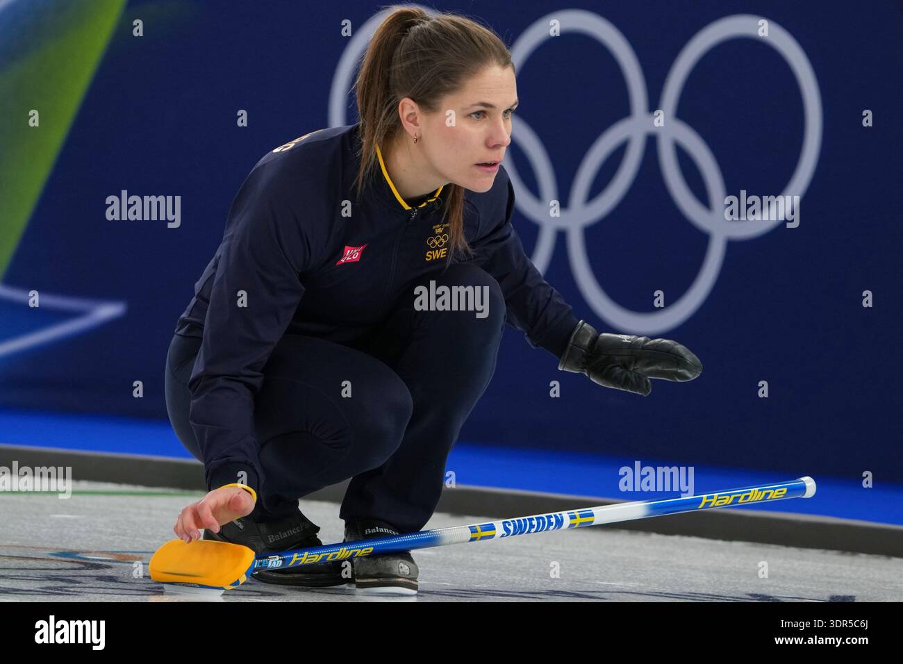 Sweden's Anna Hasselborg in action during the women's curling round ...