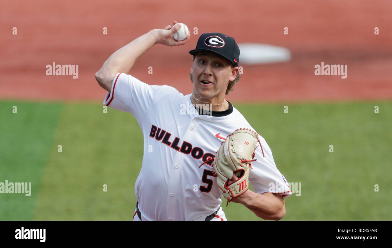 Georgia's Justin Byrd (5) pitches during an NCAA baseball game against ...