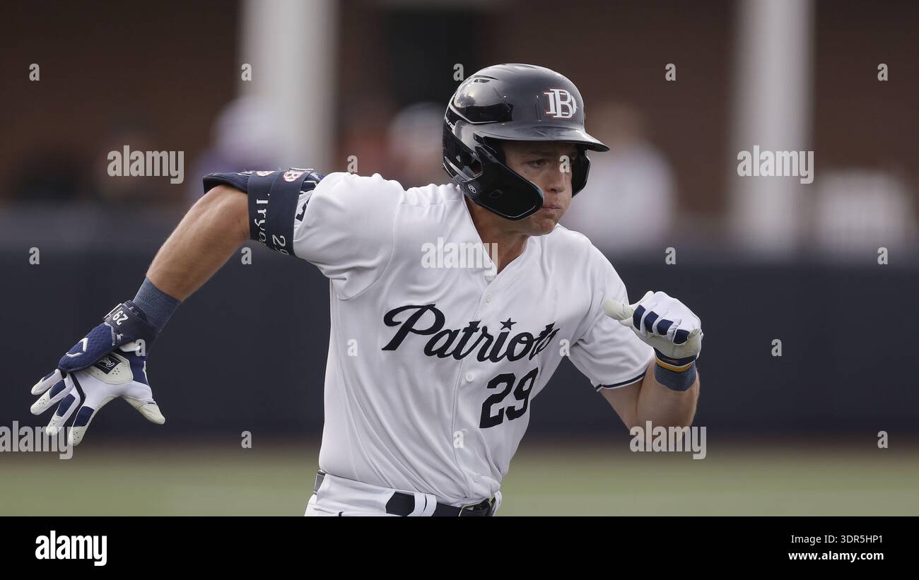 Dallas Baptist's Ben Tryon runs to first during an NCAA baseball game ...