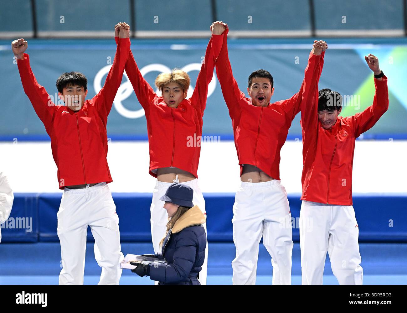 Milan, Italy. 17th Feb, 2026. Bronze medalists Liu Hanbin, Wu Yu, Li ...