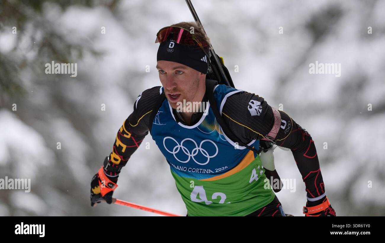 David Zobel, of Germany, competes in the men's 4x7.5-kilometer relay ...