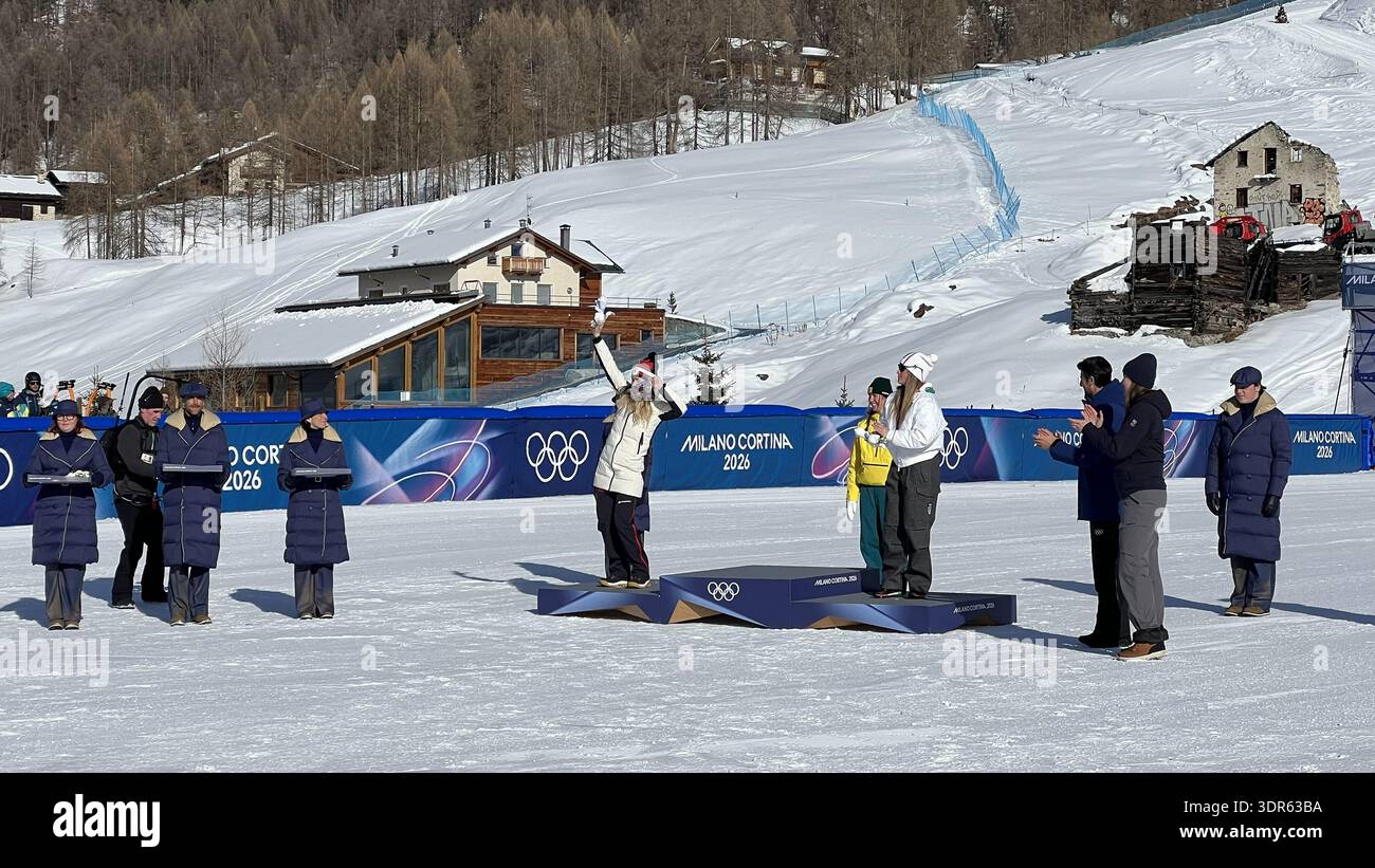 Livigno, Italy - February 15, 2026: Snowboard cross medal ceremony at ...