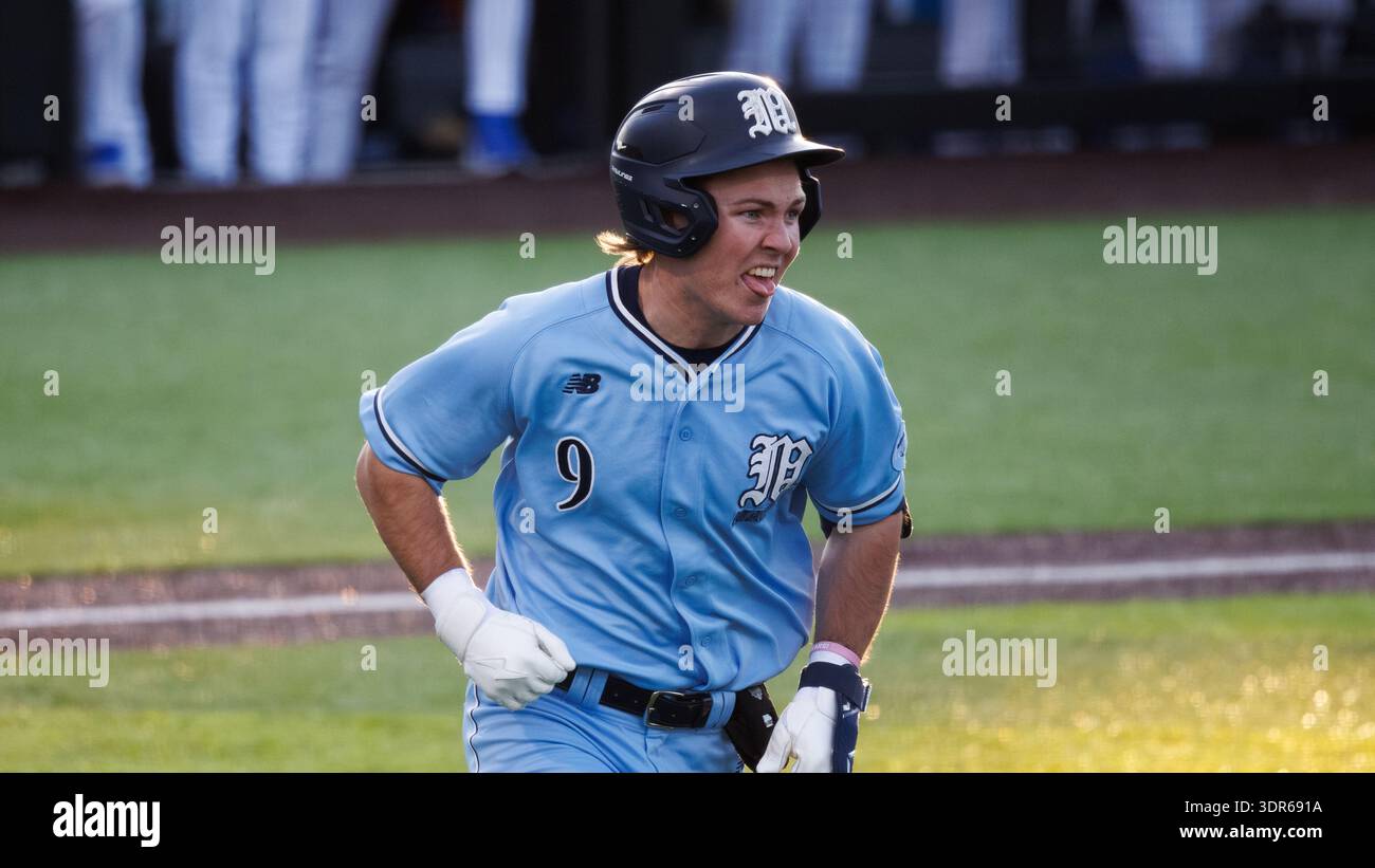 Maine's Brody Rasmussen (9) runs to first base during an NCAA baseball ...