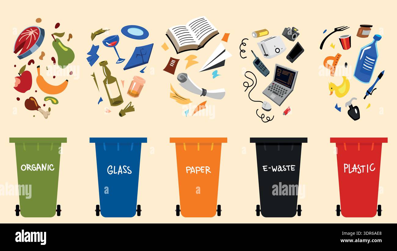 Set of five recycling trash bins for waste sorting. Recycle and ...