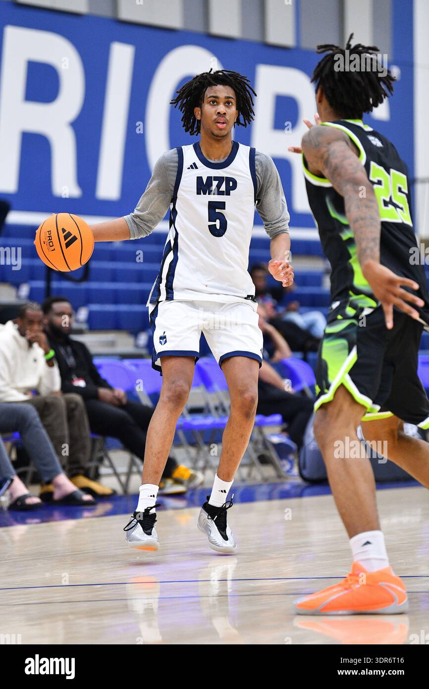 TORRANCE, CA - FEBRUARY 13: MZP forward Zion Green (5) dribbles up the ...