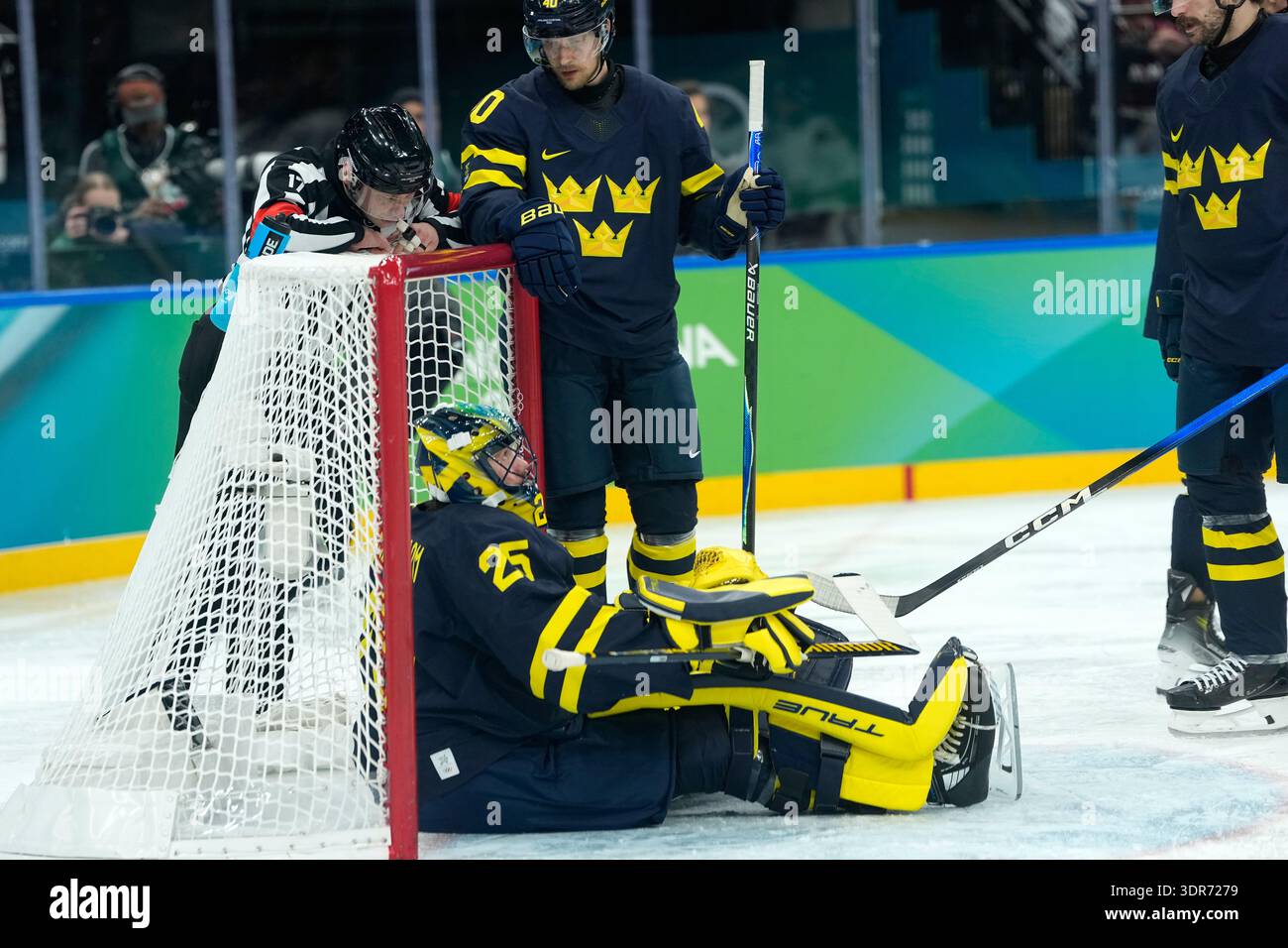 Sweden's Jacob Markstrom (25) sits inside the goal during a men's ice ...