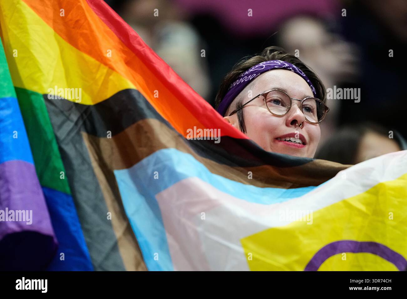 Fans cheer before the women's short program figure skating at the 2026 ...