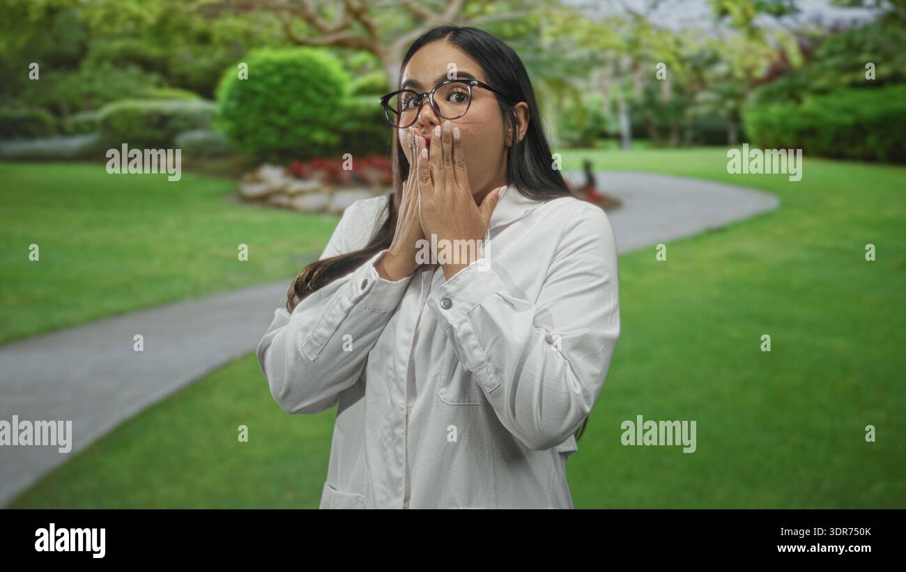 Doctor woman covers hands over mouth in park pathway wearing white coat ...