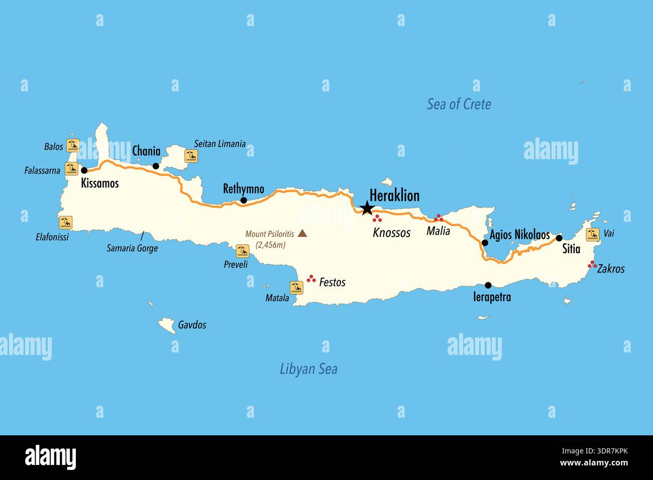 Crete Tourist Map Showing Main Cities Beaches and Archaeological Sites ...