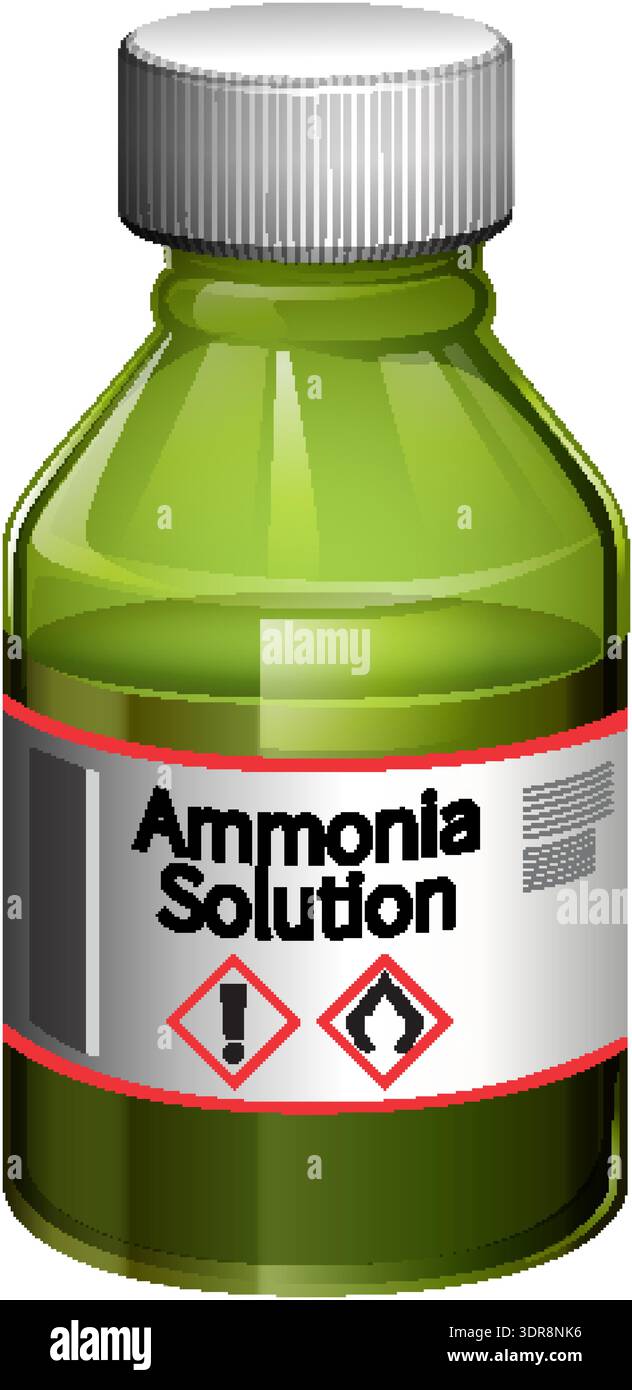 Vector illustration of green ammonia solution bottle, hazard symbols ...
