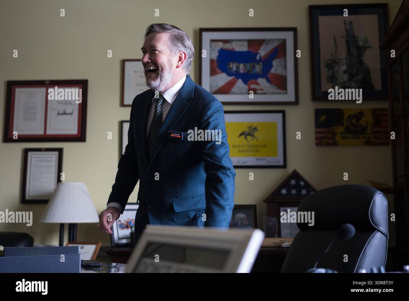 Rep. Thomas Massie (R-Ky.) reacts as he arrives for an interview with ...