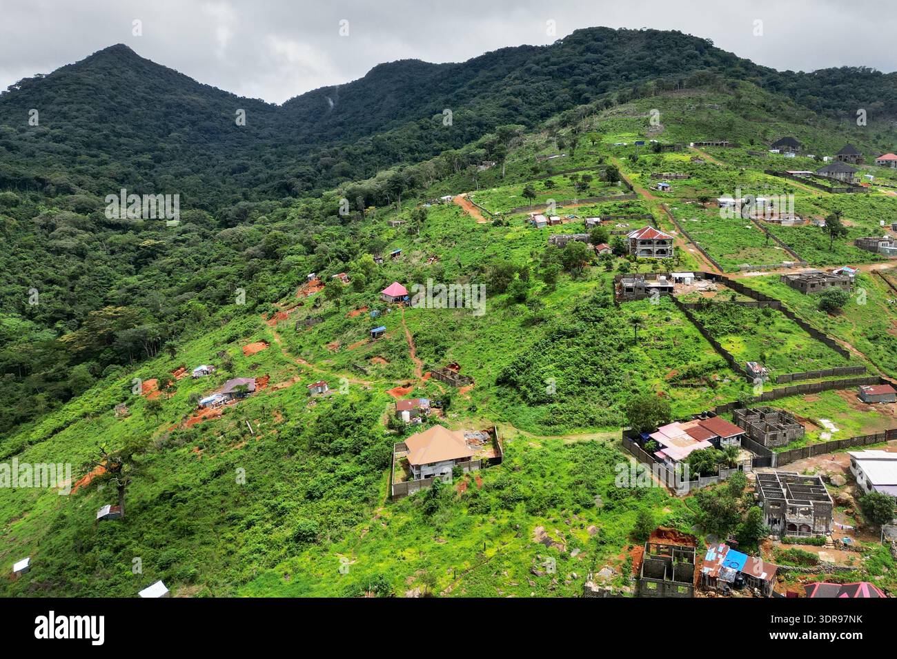 An aerial view of constructions near Tacugama Chimpanzee Sanctuary in ...