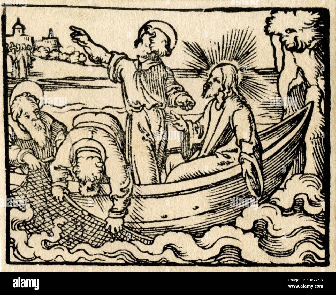 This circa 1551 woodcut shows the miraculous draught of fishes. Christ ...