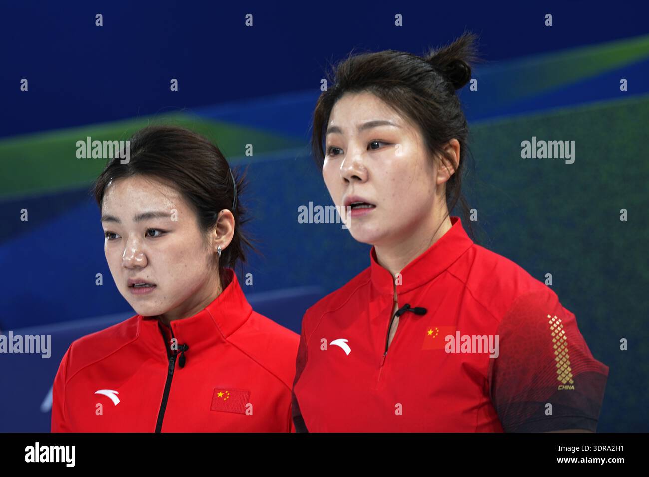 China's Han Yu and Dong Ziqi in action during the women's curling round ...