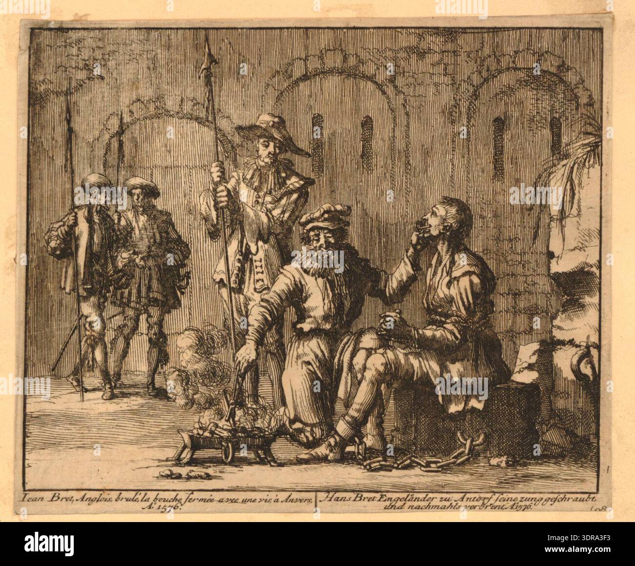 This 1738 etching depicts John Bret, an Englishman, undergoing torture ...