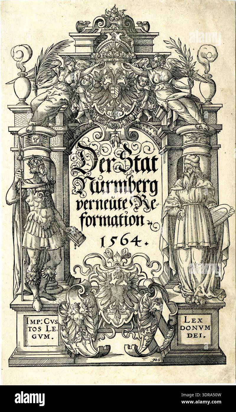 This 1564 woodcut and letterpress title-page shows an emperor and Moses ...