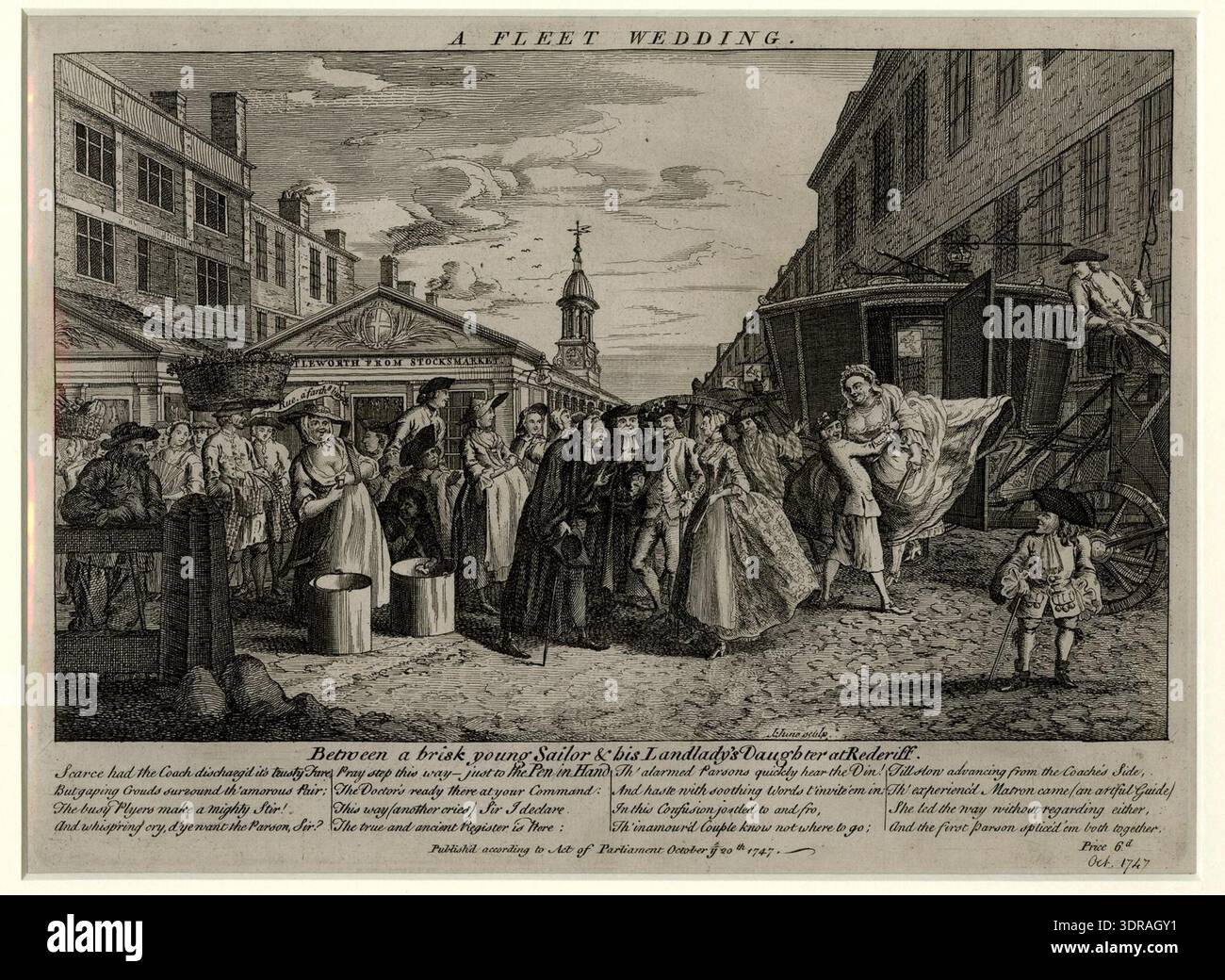 This 1747 etching depicts a satirical view of London life, showing a ...