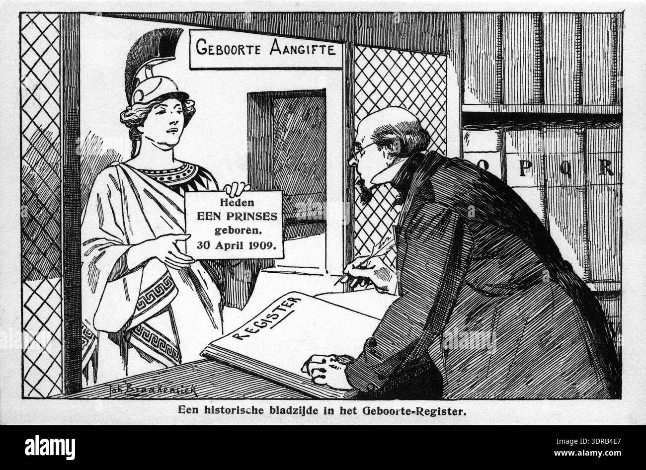 This 1909 illustration depicts the birth announcement of princes hi-res ...
