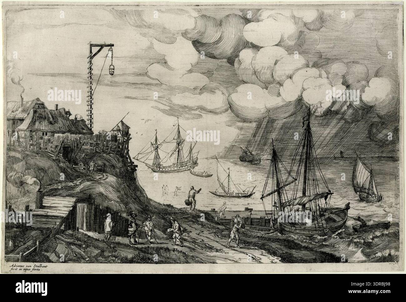 This etching from 1620-1630 depicts ships on the coast, one moored ...