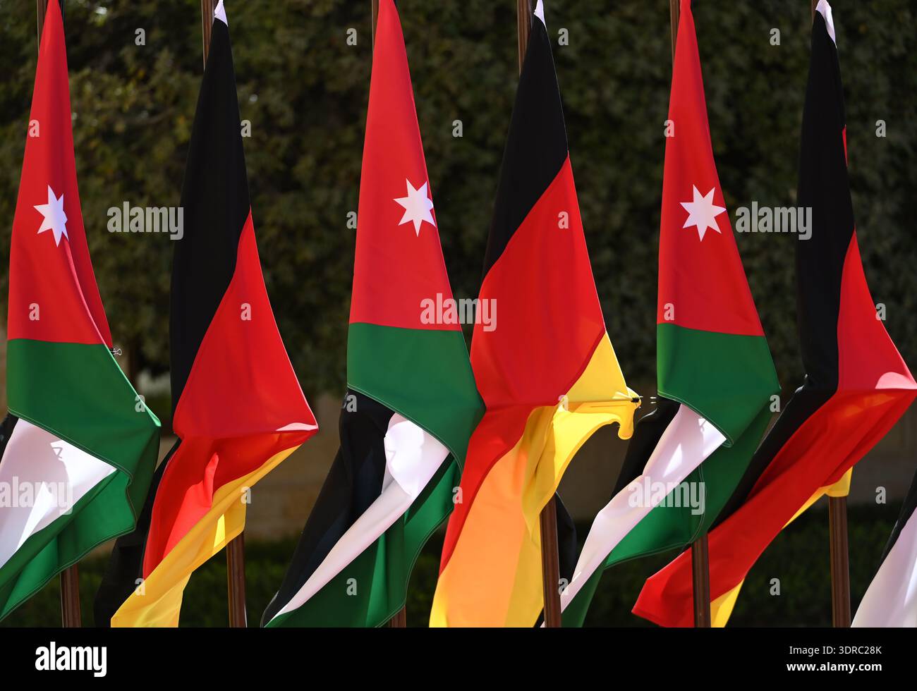 18 February 2026, Jordan, Amman: German and Jordanian flags stand side ...