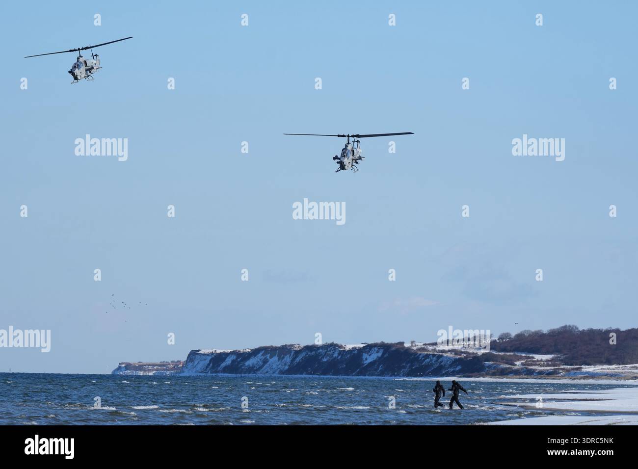 Two helicopters provide ground support during an amphibious landing ...
