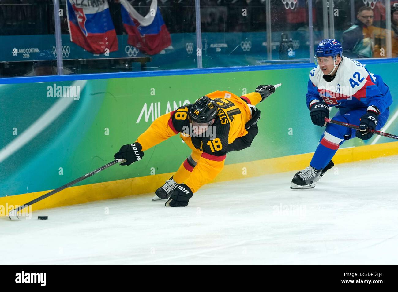 Germany's Tim Stutzle (18) is challenged by Slovakia's Martin Fehervary ...