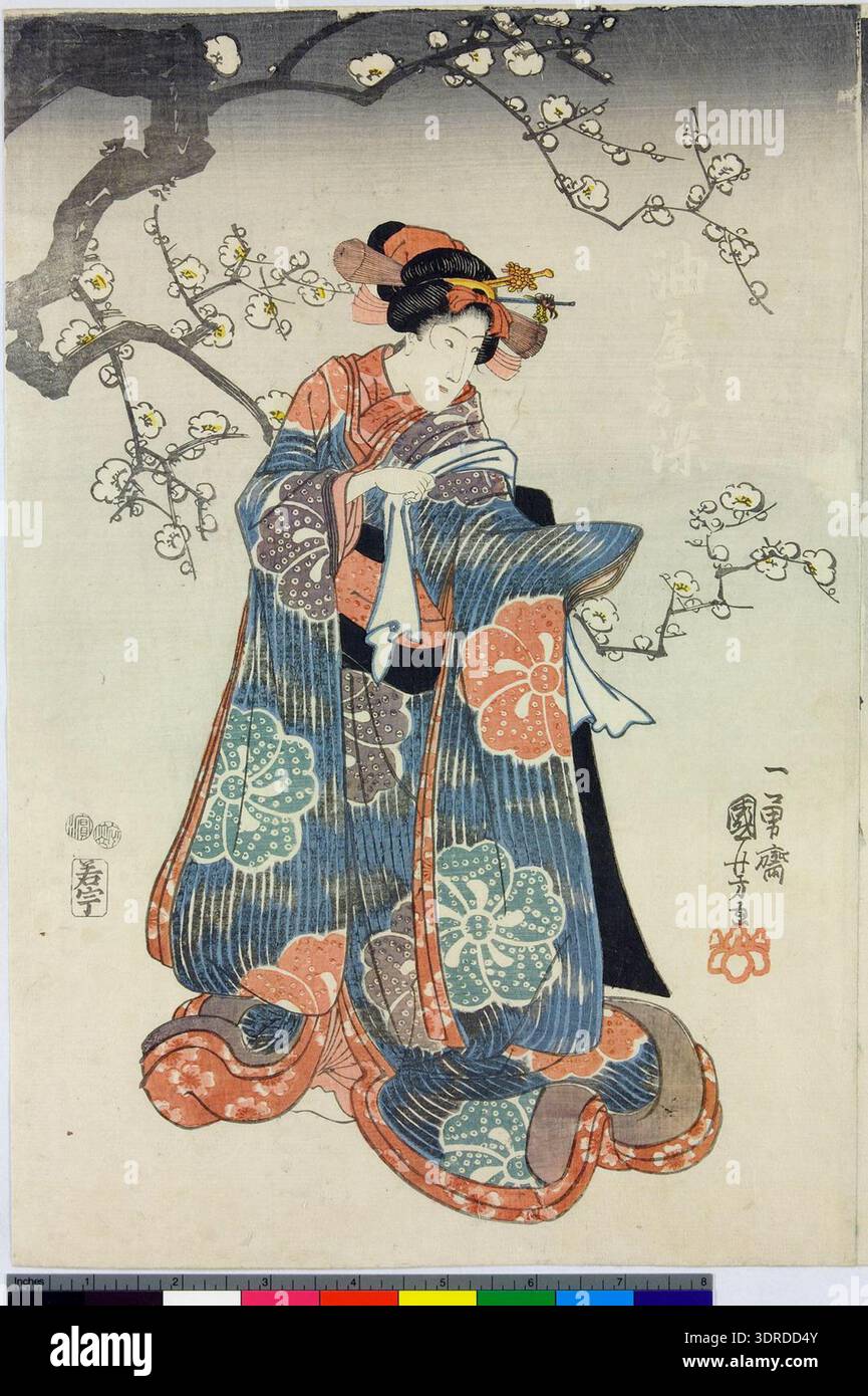This 1847–1852 woodblock triptych depicts a scene from a play in oban ...