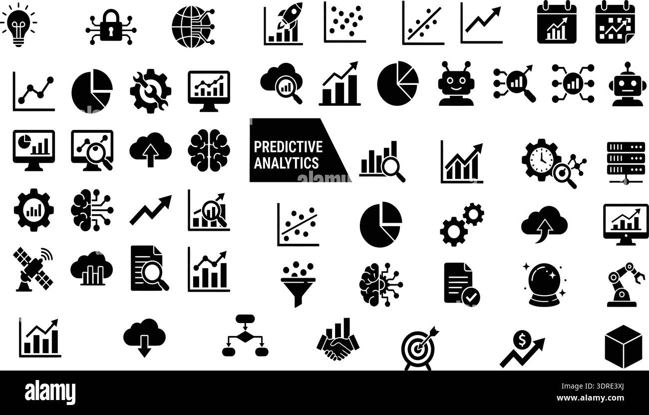 Predictive Analytics Icons Set with Data Science AI and Business Charts ...