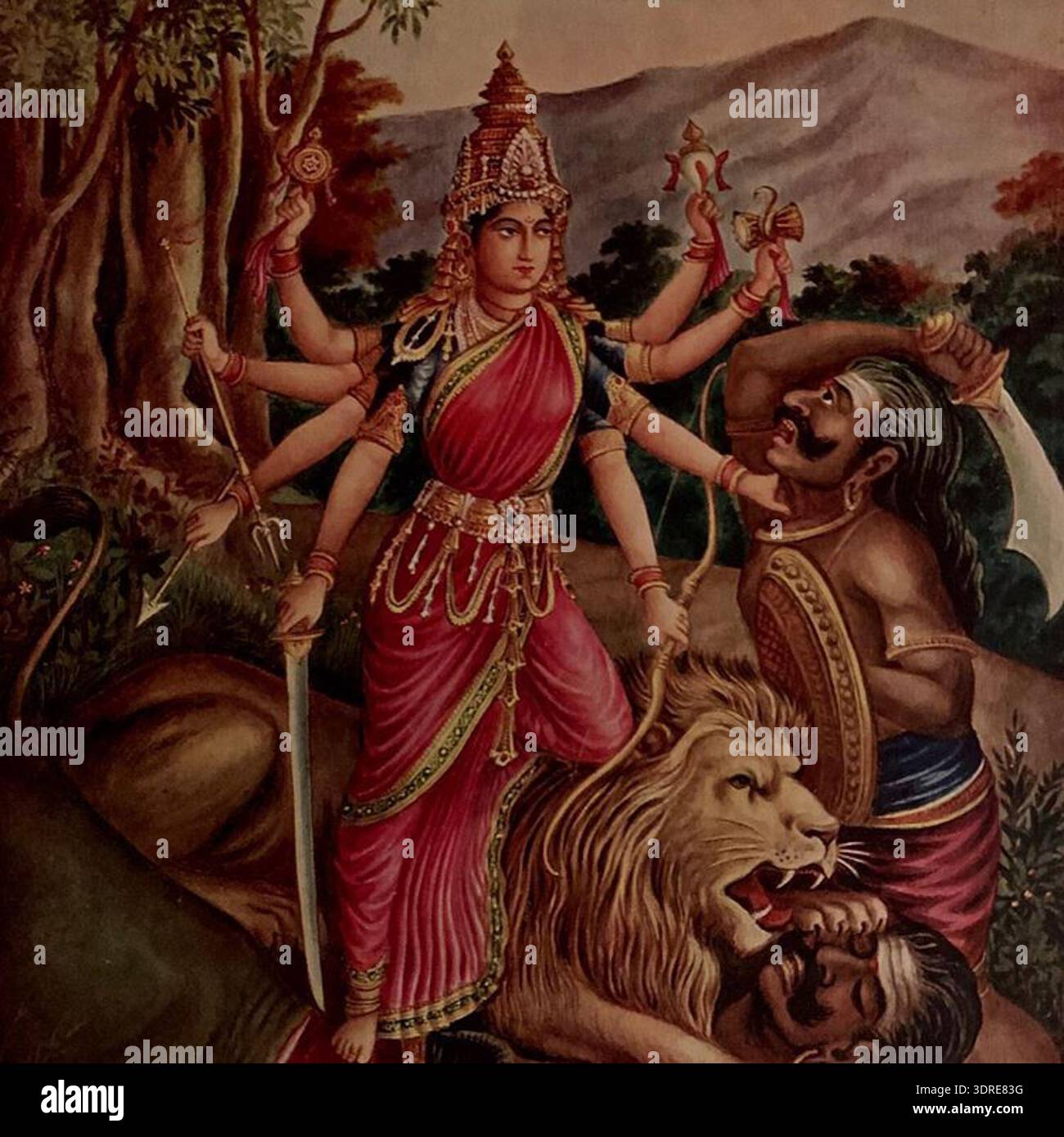 This early twentieth century print depicts the Hindu goddess Durga, a ...