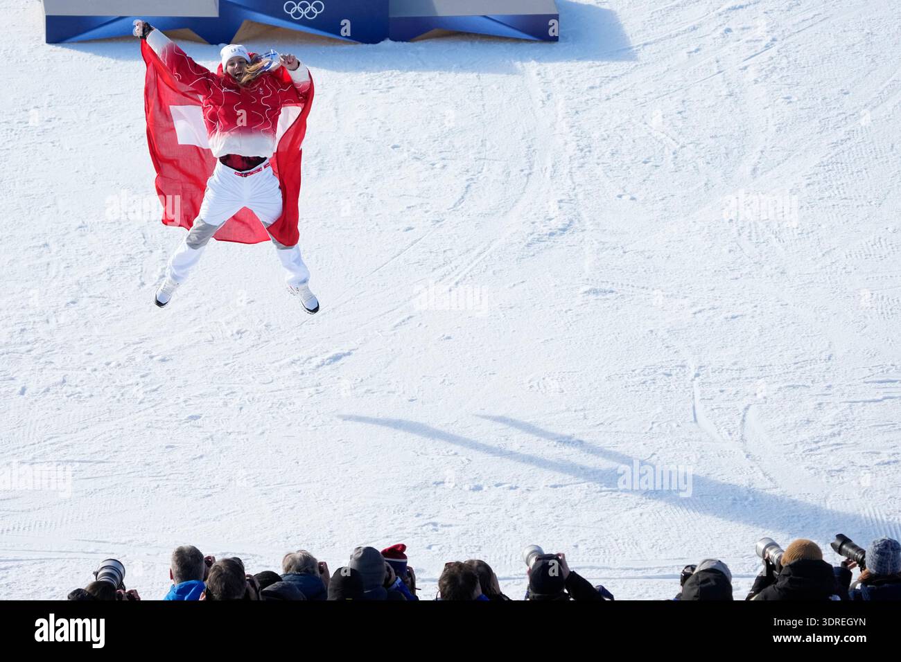 Switzerland's Camille Rast celebrates winning the silver medal in an ...