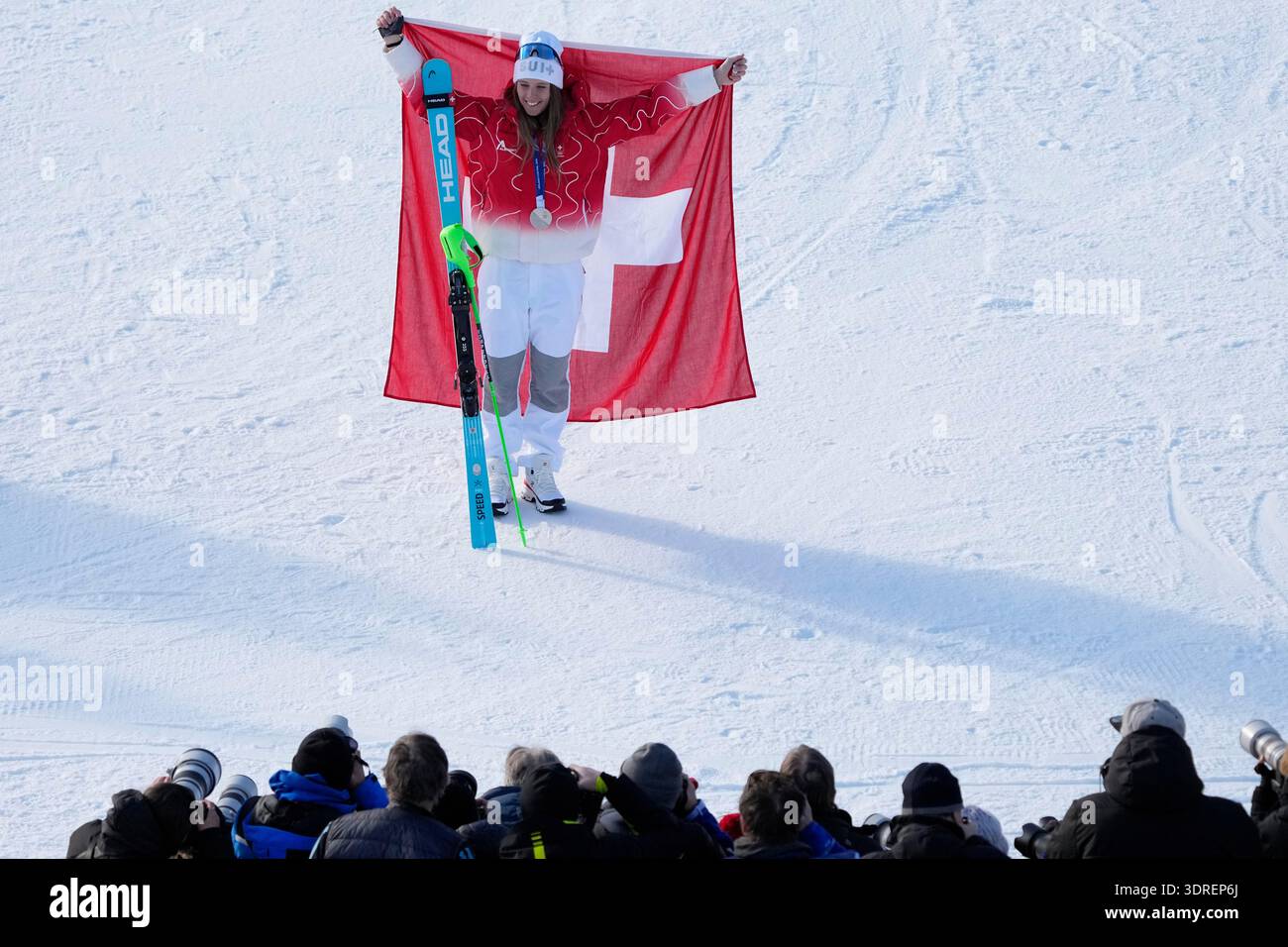 Switzerland's Camille Rast celebrates winning the silver medal in an ...