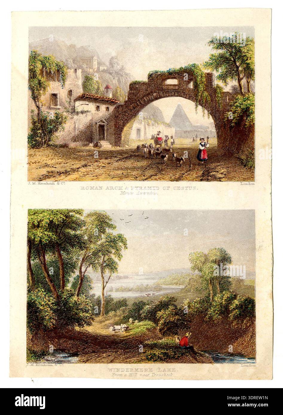 Chromolithograph, circa 1830-1896, showing two images: Roman arch and ...
