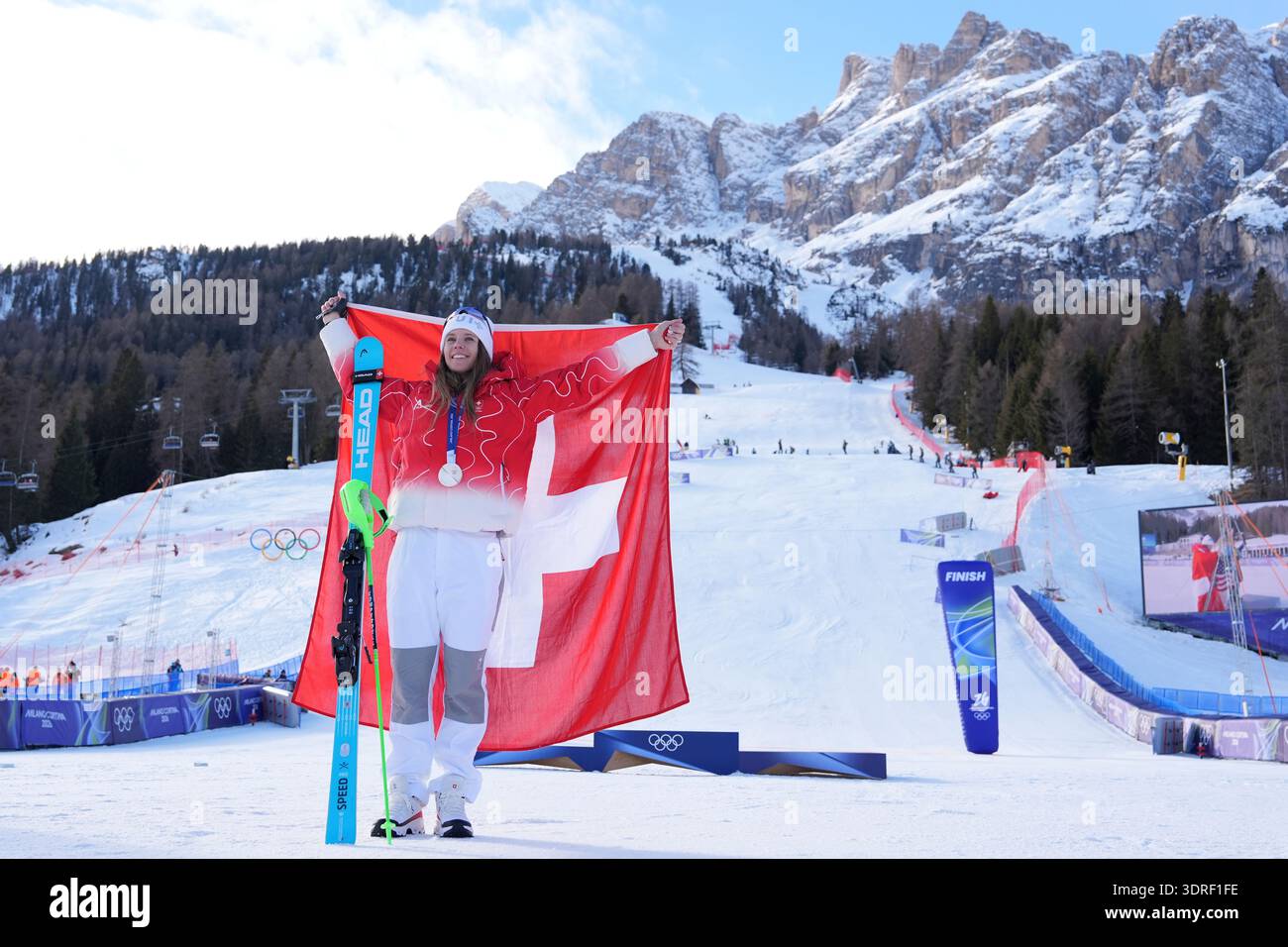 Switzerland's Camille Rast celebrates winning the silver medal in an ...