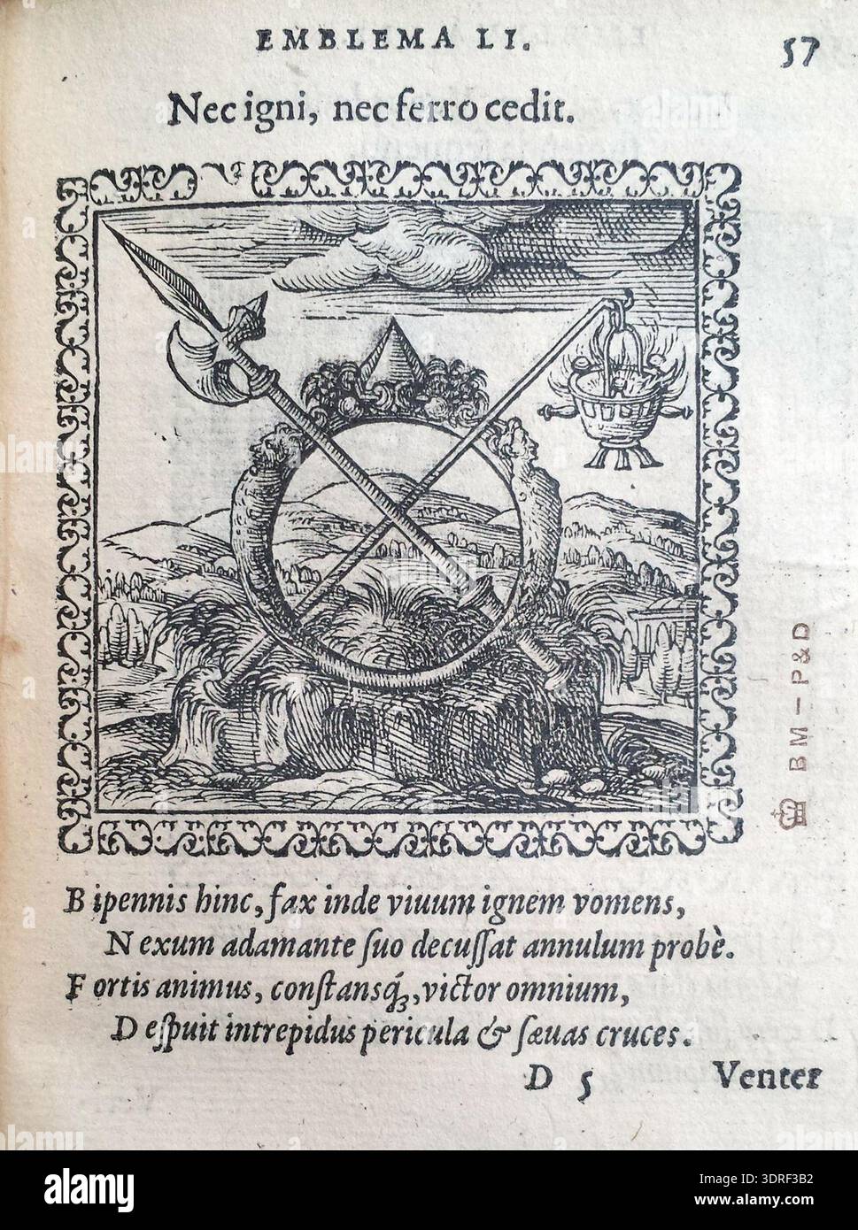 Woodcut from 1565 depicting Emblem 51: a landscape setting with a rock ...