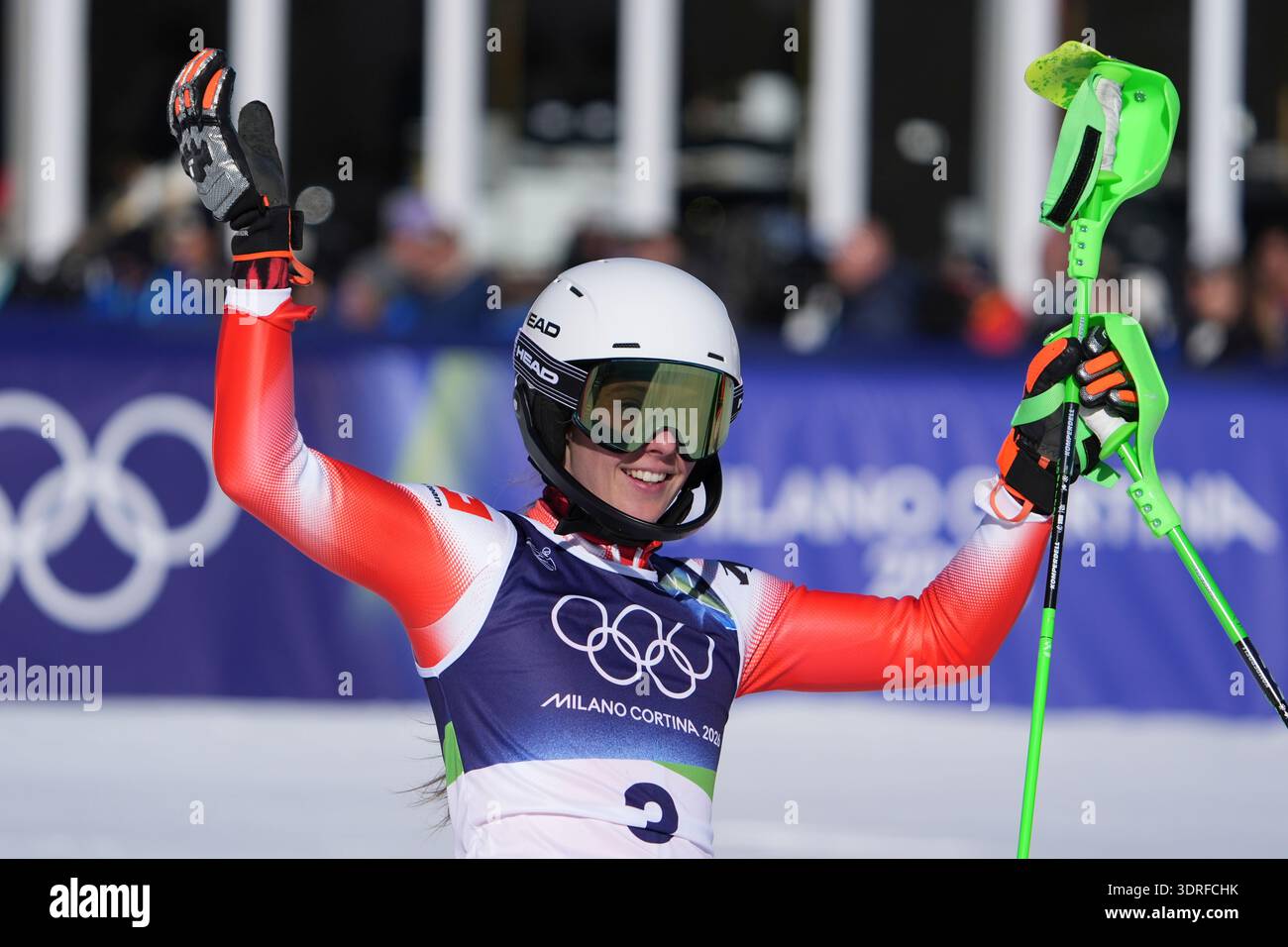 Switzerland's Camille Rast celebrates at the finish area of an alpine ...
