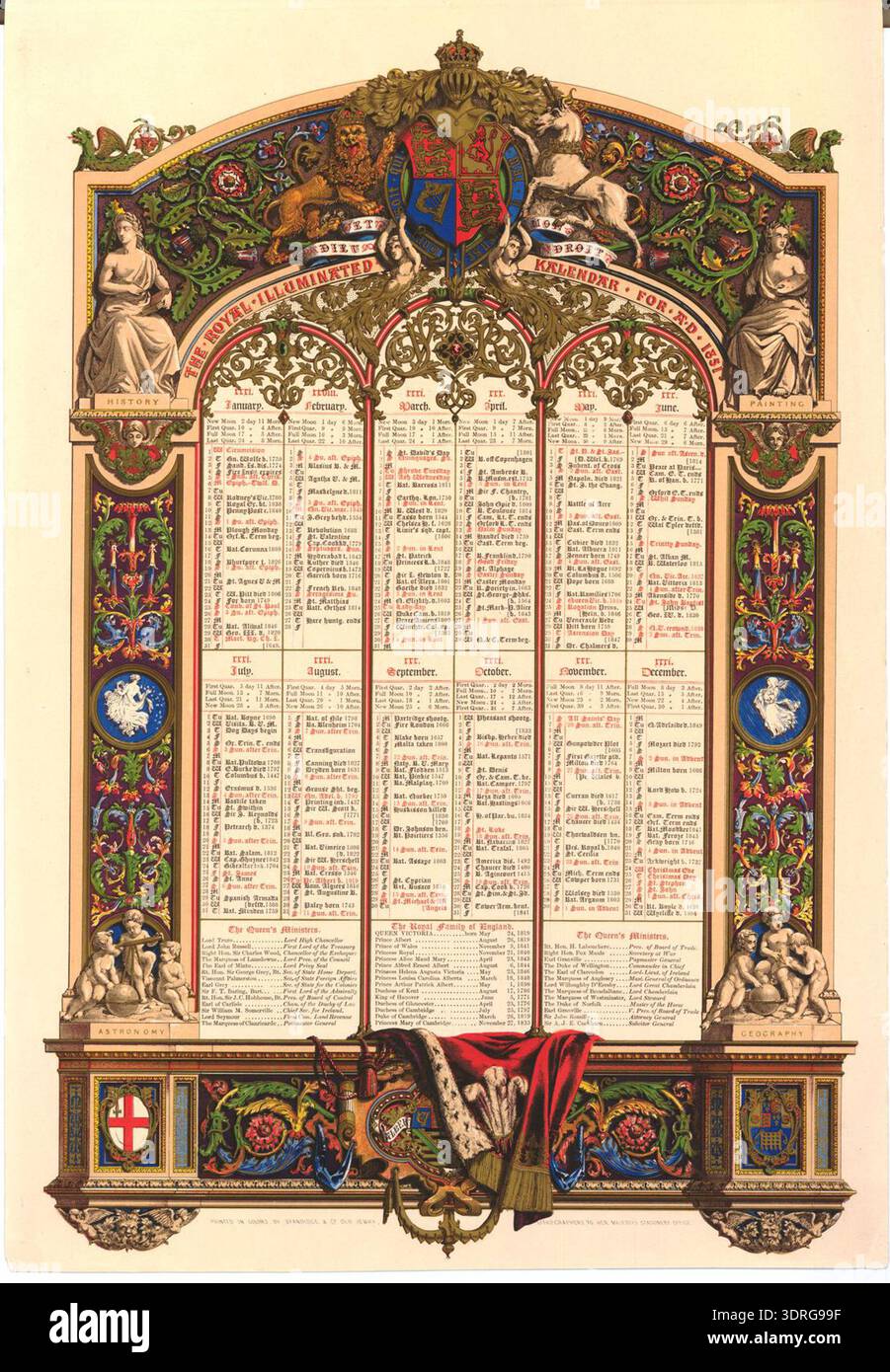This 1851 chromolithograph calendar features a decorative border with ...