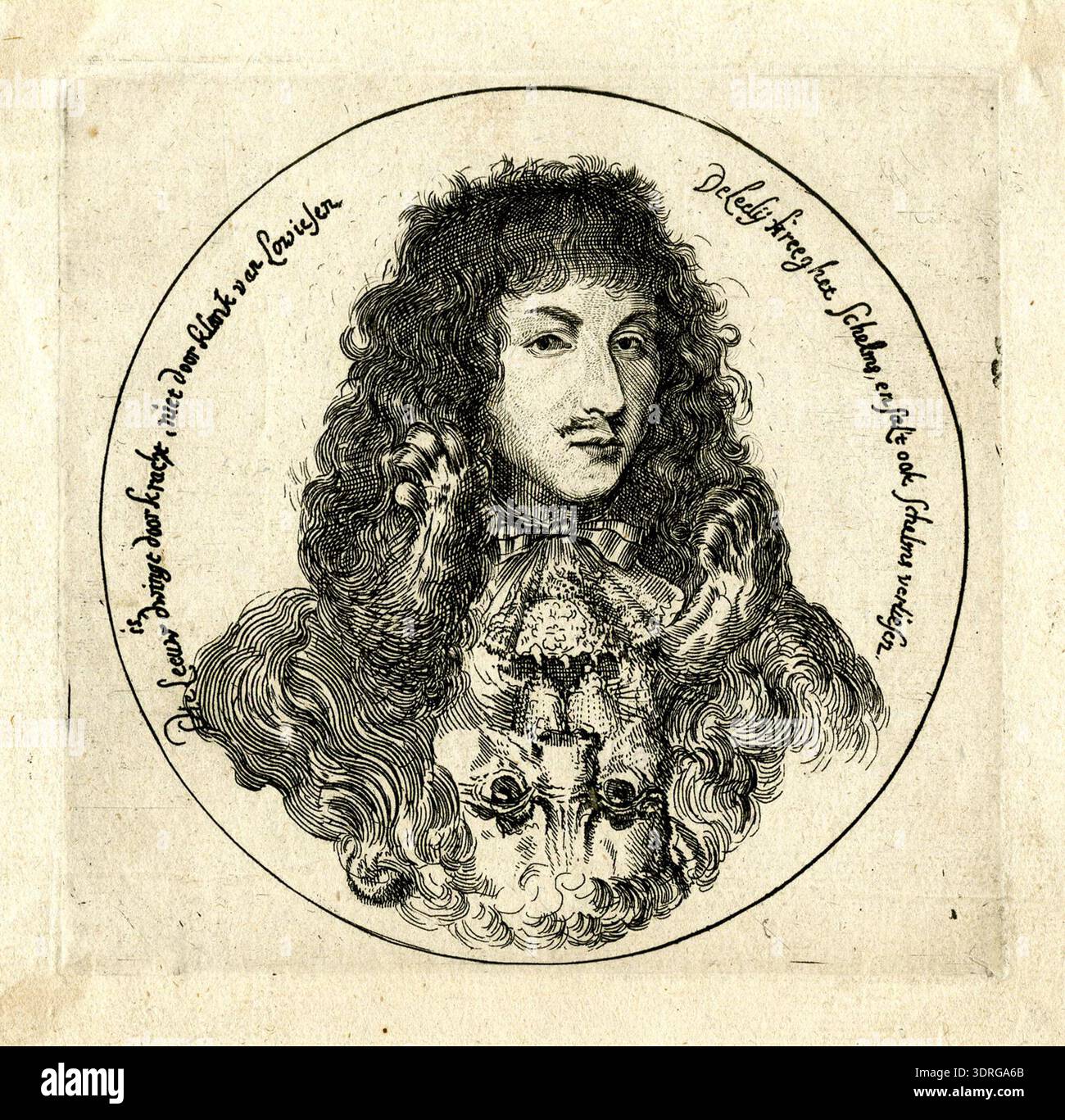 Etching circa 1690 featuring a circular design where two heads appear ...