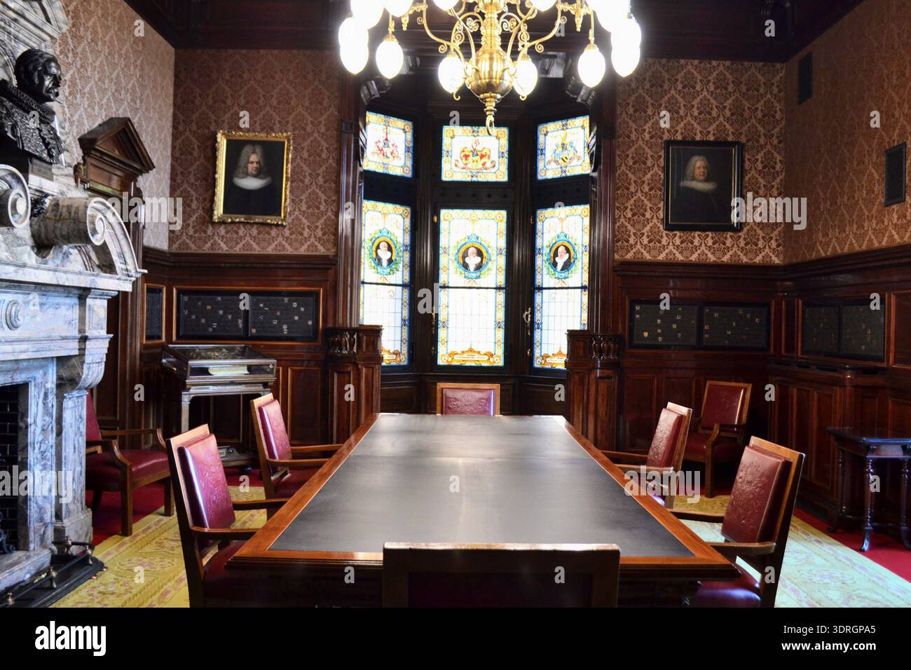 Historic council chamber interior with stained glass windows in Hamburg ...