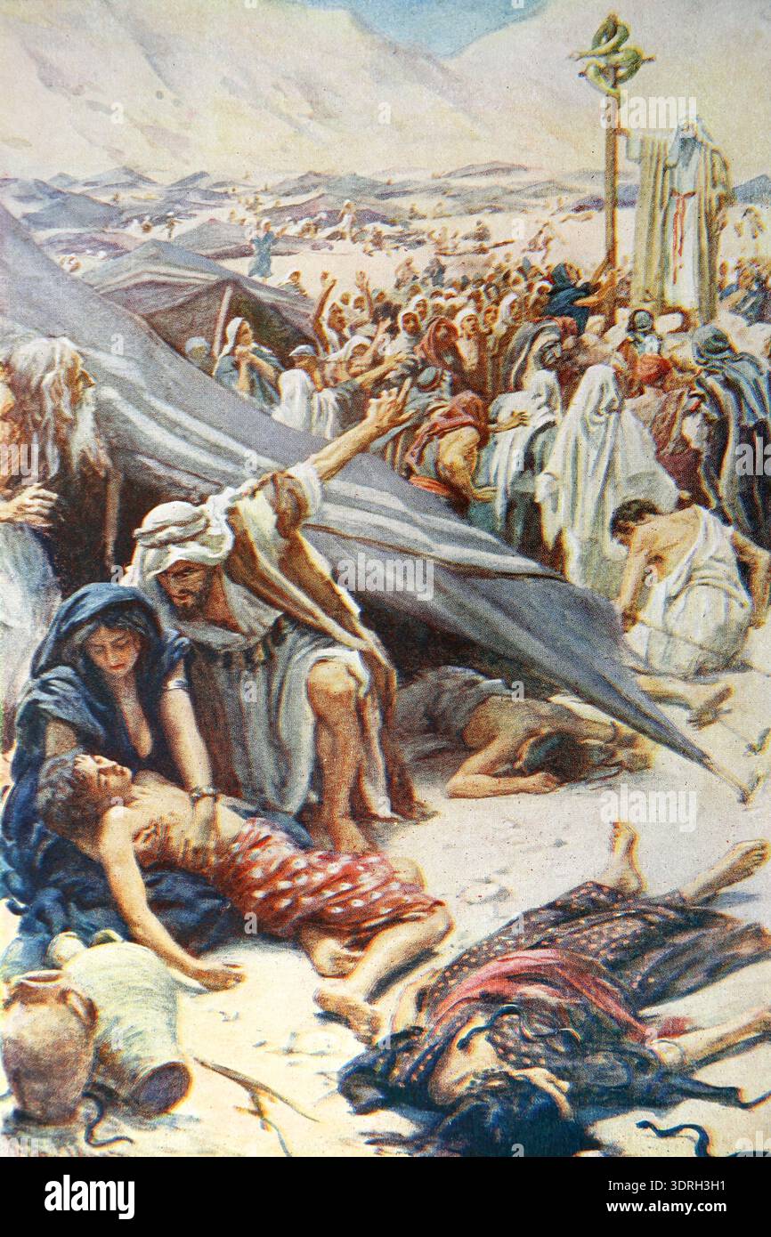 Illustration of Moses holding up the Brazen Serpent So the Israelites ...